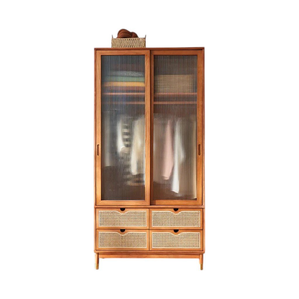 Fritzy Solid Wood Rattan Wardrobe with Sliding Glass Doors & Built-In