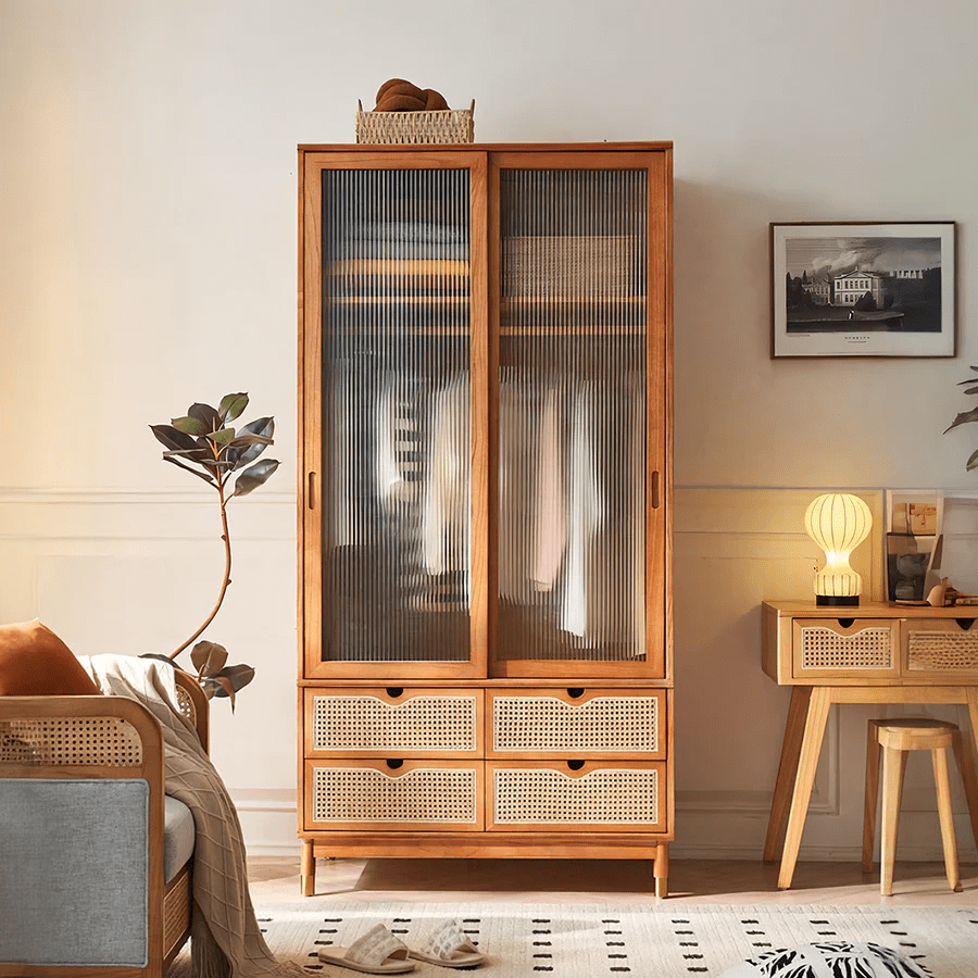 Fritzy Solid Wood Rattan Wardrobe with Sliding Glass Doors & Built-In